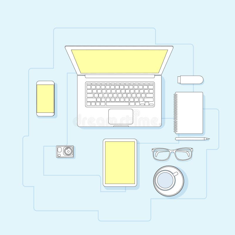 Workplace Desk Laptop Computer Notebook Coffee Top Angle View Stock