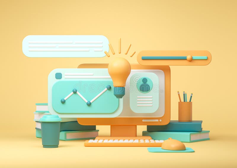 Workplace with Desktop Computer, Books, Chart and Light Bulb. Online ...