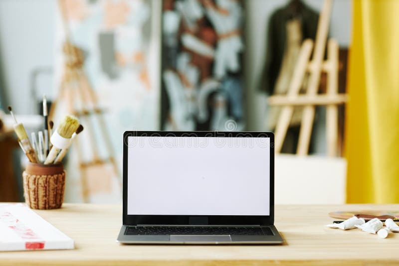 Workplace of Digital Artist with Laptop and Bunch of Paintbrushes Stock ...