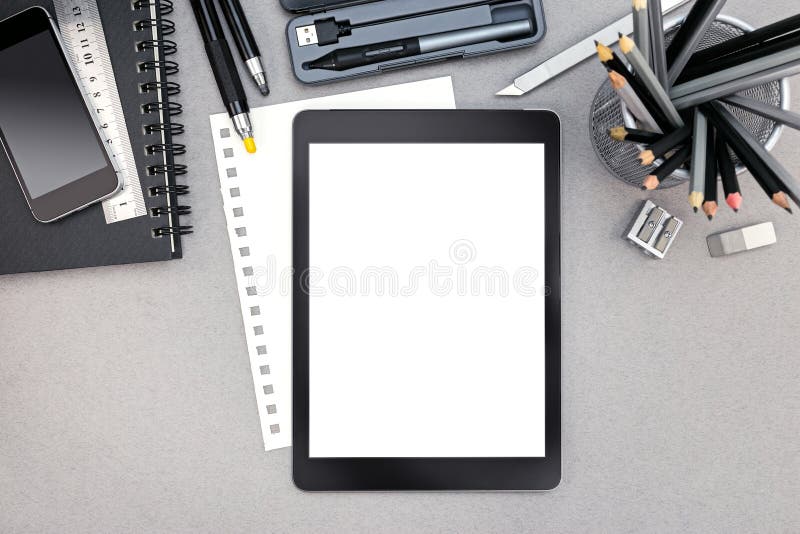 Workplace with Digital Tablet, Spiral Notebook and Various Drawing ...