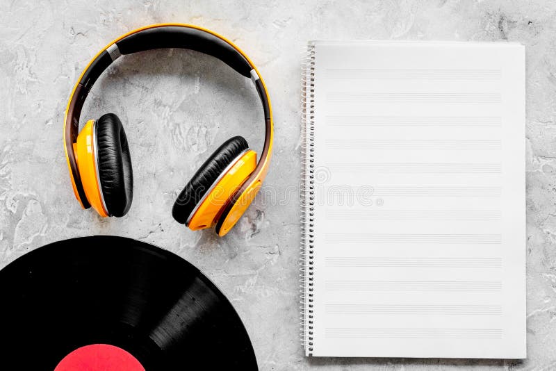 Workplace of DJ. Vinyl Records, Headphones, Music Notes on Grey ...