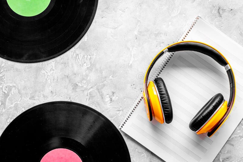 Workplace of DJ. Vinyl Records, Headphones, Music Notes on Grey ...