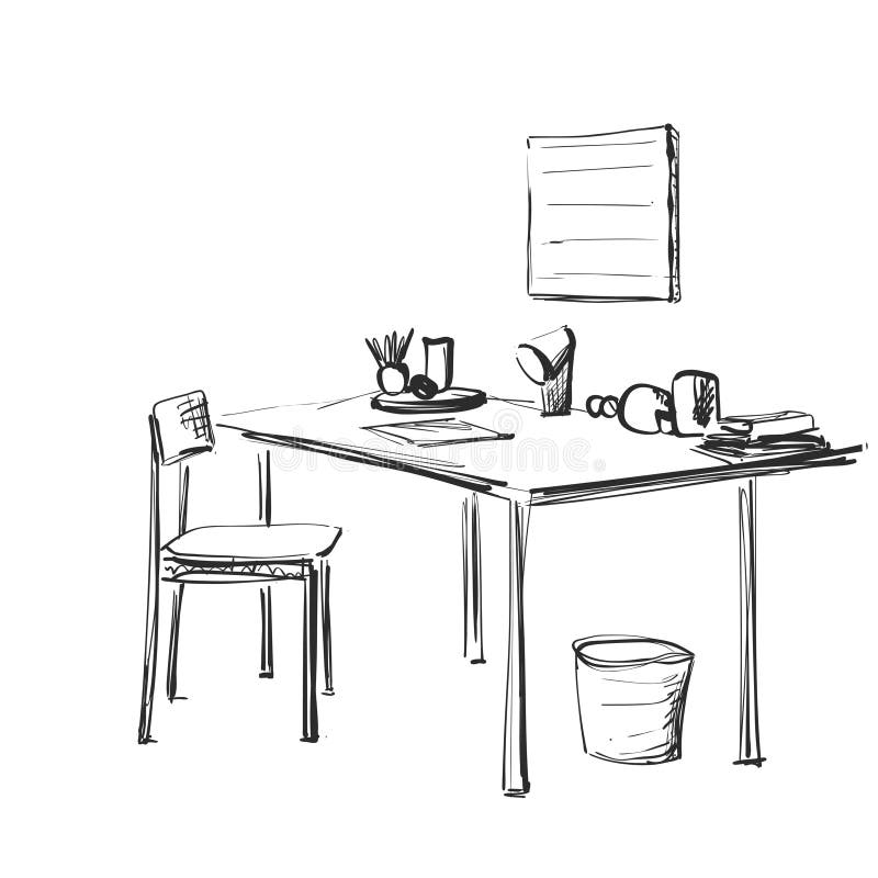 Table with Paper and Workplace Drawn by Hand Doodle Style. Vector ...