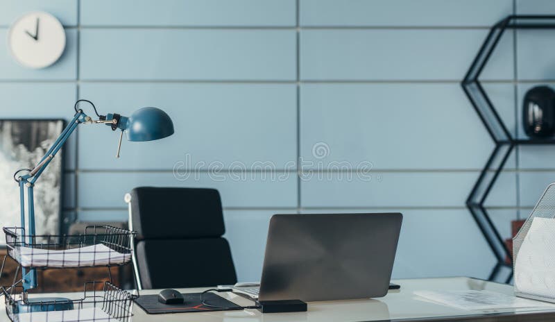 Workplace in Empty Office. Table with Laptop. Stock Image - Image of ...