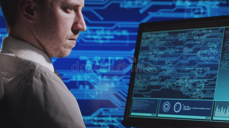 Workplace of an Engineer Developing a Microchip. Professional Coder Works on Modern Technologies ...