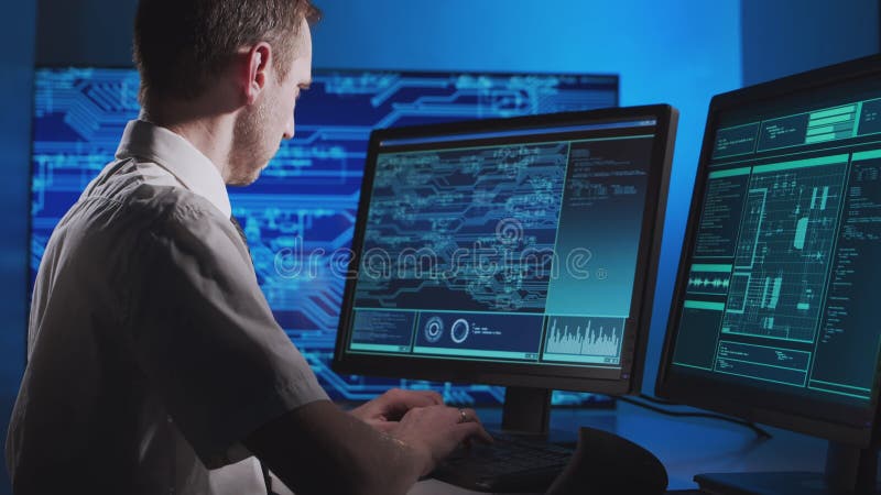 Workplace of an Engineer Developing a Microchip. Professional Coder Works on Modern Technologies ...