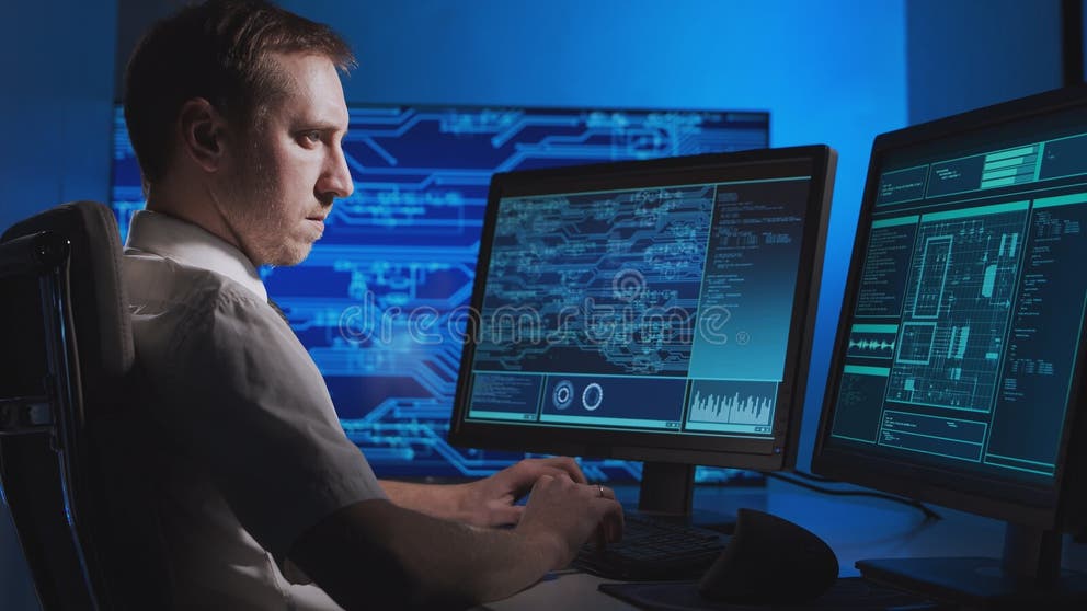 Workplace of an Engineer Developing a Microchip. Professional Coder Works on Modern Technologies ...