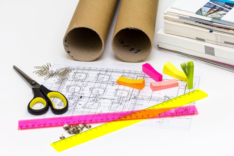 Workplace Engineer Has the Blueprints, Scissors, Rulers, Sticker Stock ...