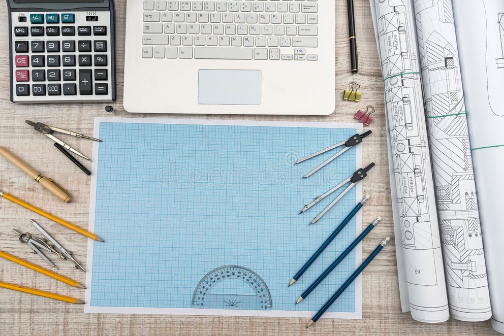 Workplace of Engineer. Top View of Laptop, Notepad, and Drawing Tools ...