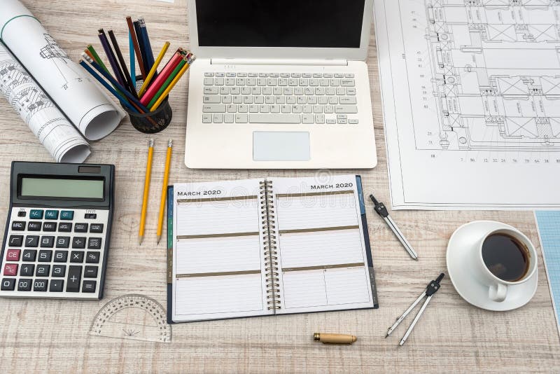 Workplace of Engineer. Top View of Laptop, Notepad, and Drawing Tools ...