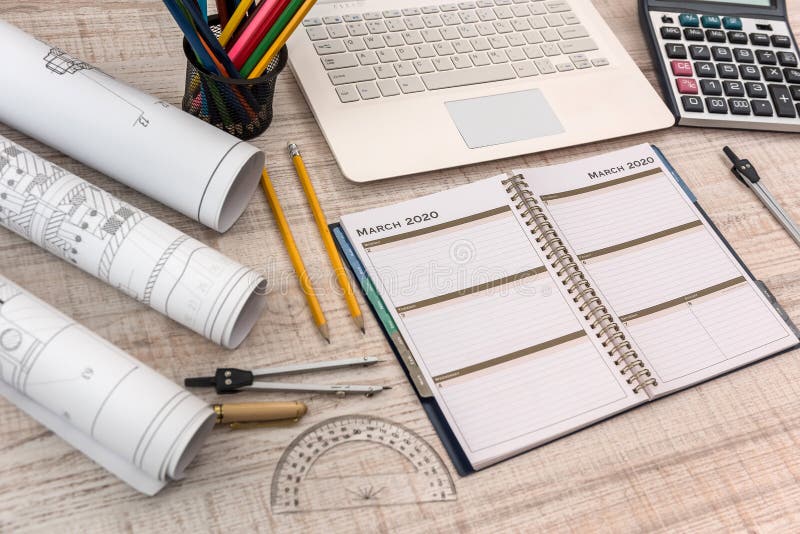 Workplace of Engineer. Top View of Laptop, Notepad, and Drawing Tools ...