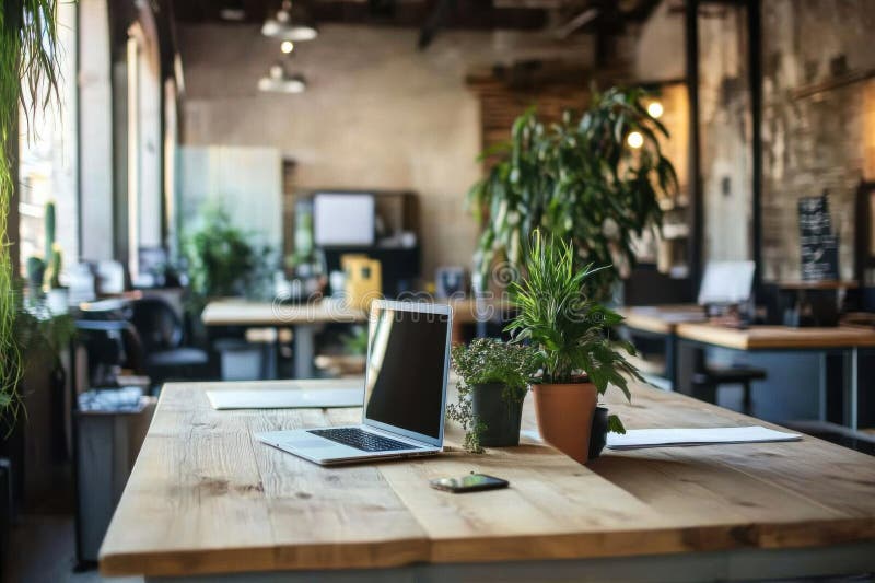 Workplace Environment with Wooden Table, Laptop and Plants for ...