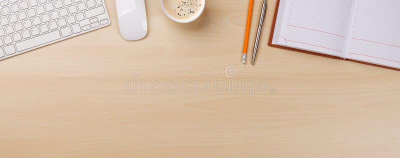 Workplace Essentials: Keyboard, Coffee, Notepad, Supplies Stock Photo ...