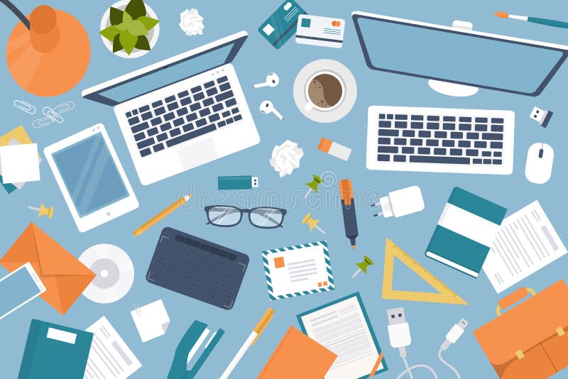 Workplace Flat Icons Set. Devices for Productive Work at Office Stock ...