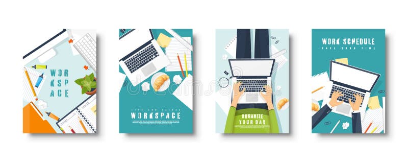 Workplace Flat Style Covers Set. Laptop, Documents and Papers ...