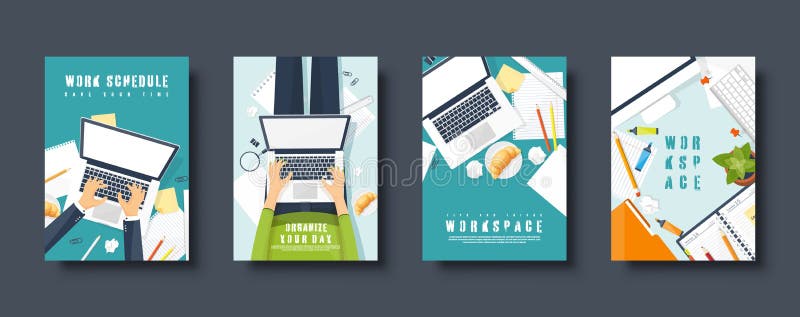 Workplace Flat Style Covers Set. Laptop, Documents and Papers ...
