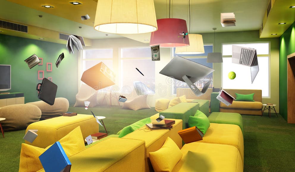 Workplace with Flying Objects Stock Illustration - Illustration of ...