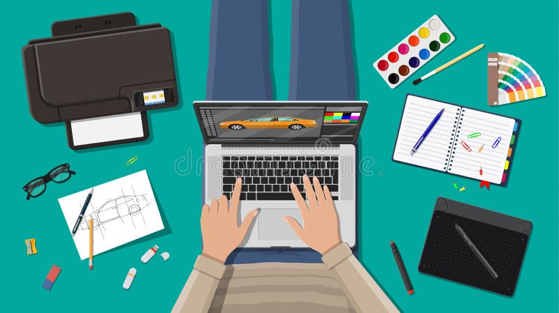 Designer Workplace. Illustrator Desktop with Tools Stock Vector ...