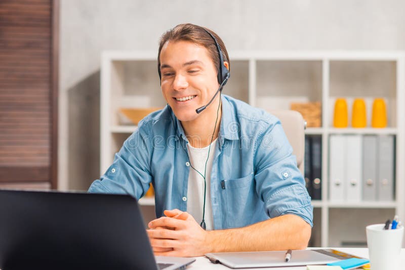 Workplace of Freelance Worker or Sudent at Home Office. Young Man Works ...