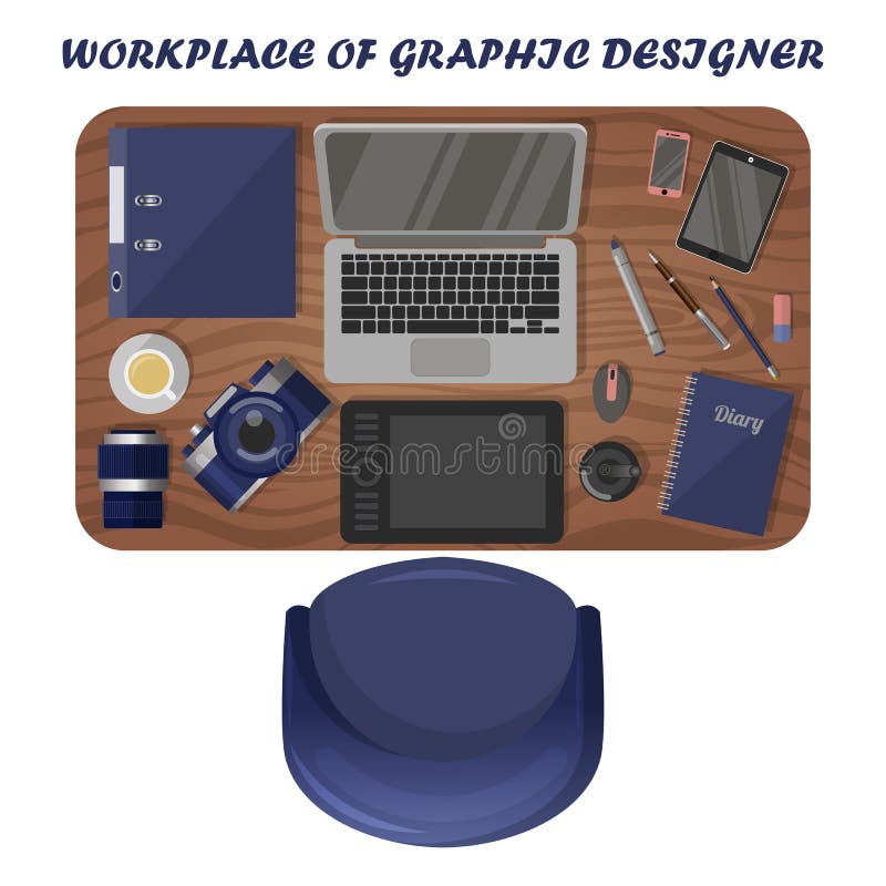 Workplace Graphic Designer, Photographer. View from Above Stock Vector ...
