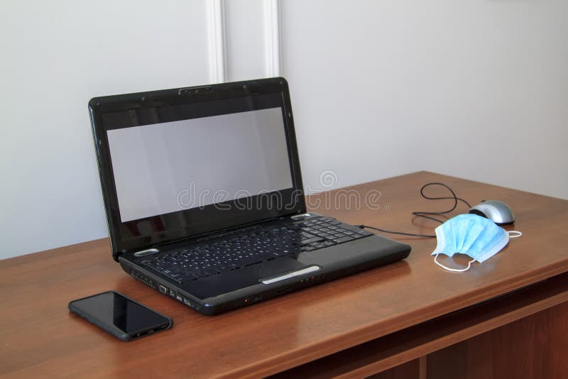 Workplace at Home for Remote Work in New Normal with Laptop and Face ...