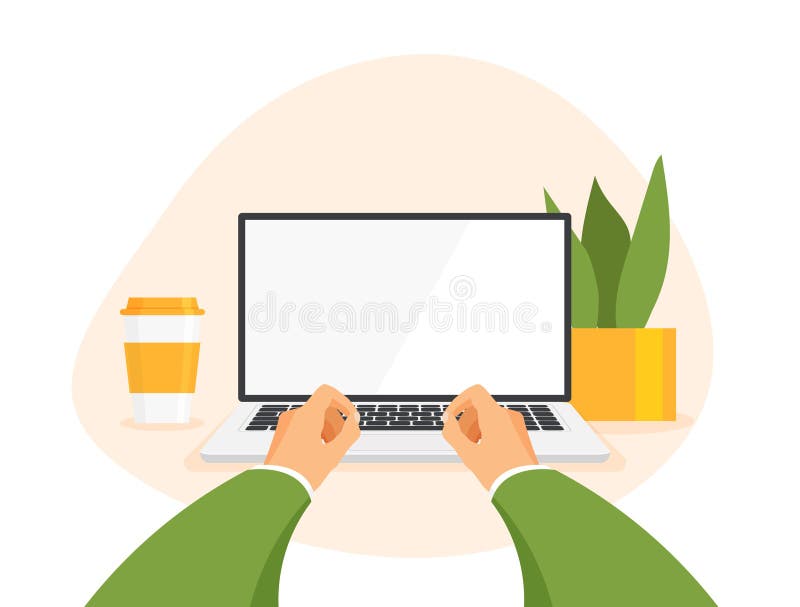 Workplace with Human Hands and Laptop Front View. Stock Vector ...