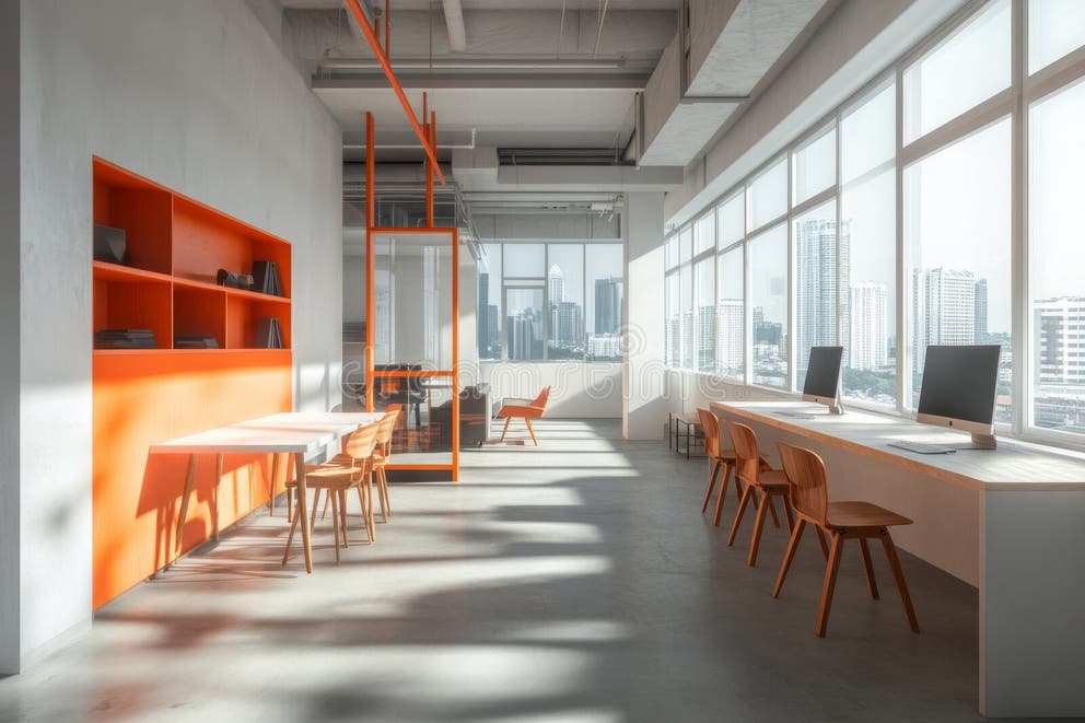Workplace Interior with Rows of Pc Desktops and Panoramic Windows ...