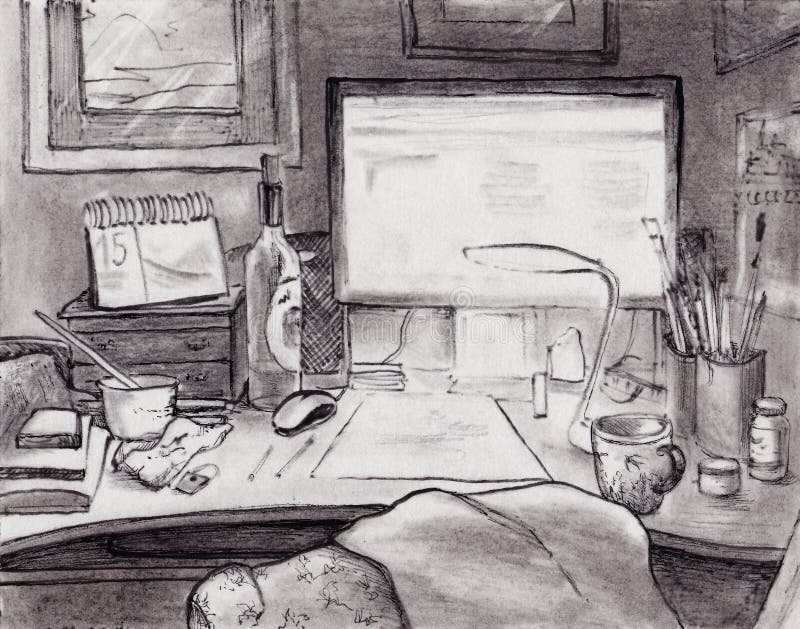 Workplace Interior Sketch with a Lamp and Computer Stock Illustration ...