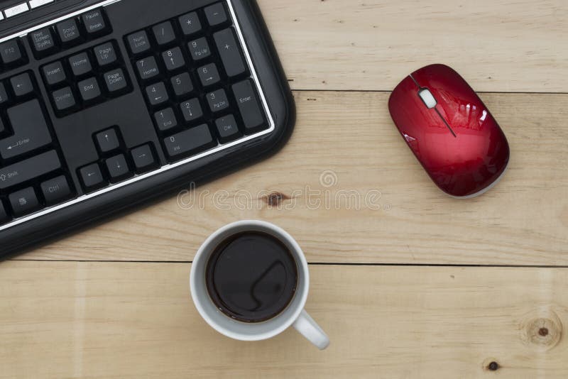 Workplace, Keyboard Mouse and Coffee on Wood Table Stock Photo - Image ...