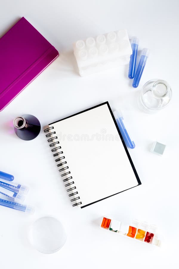 Workplace in Laboratory with Blank Open Notebook Top View Stock Photo ...