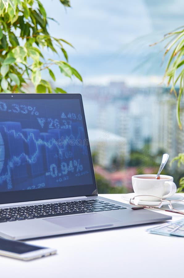 Workplace with Laptop Close-up on the Background of the Window Stock ...