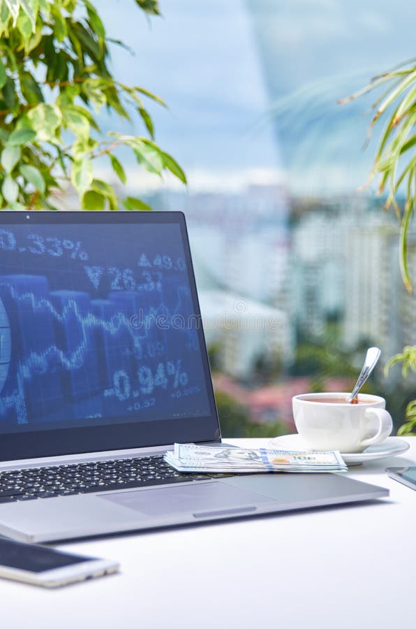 Workplace with Laptop Close-up on the Background of the Window Stock ...