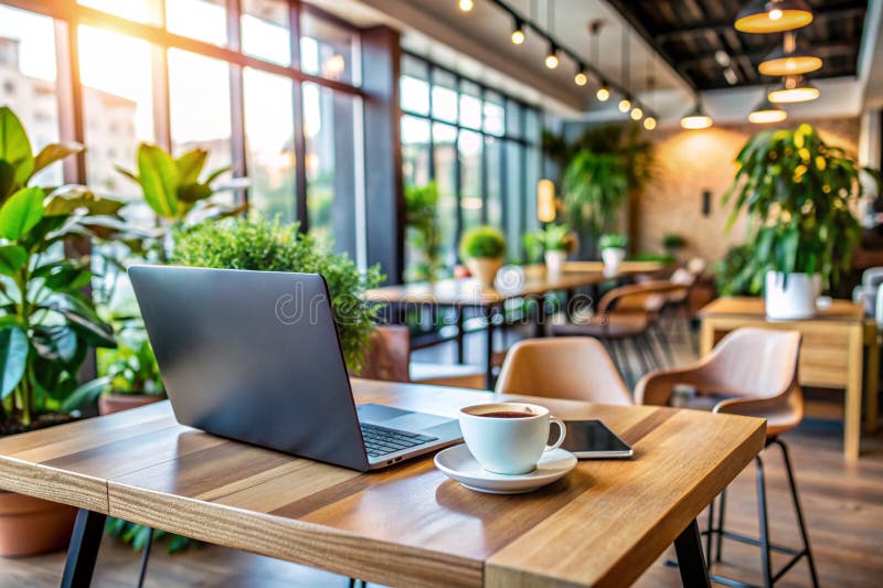 Workplace with a Laptop and Coffee Stock Illustration - Illustration of ...