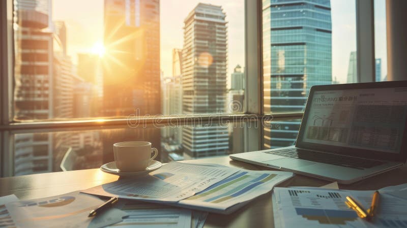 Workplace with Laptop Comfortable Work Table in Office Windows and City ...