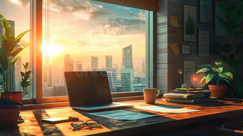 Workplace with Laptop Comfortable Work Table in Office Windows and City ...