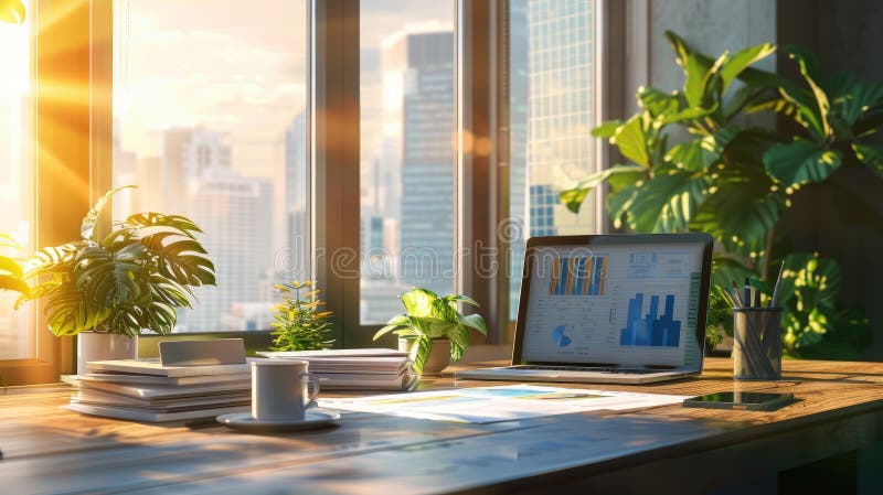 Workplace with Laptop Comfortable Work Table in Office Windows and City ...