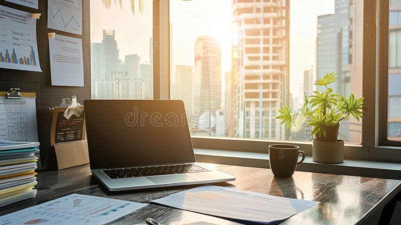 Workplace with Laptop Comfortable Work Table in Office Windows and City ...