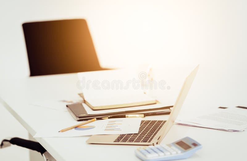 Workplace Laptop Computer on Table in Office with Objects Stock Image ...