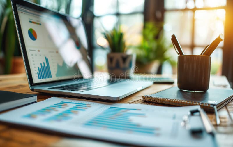 Workplace with Laptop Displaying Graphs and Charts Stock Illustration ...