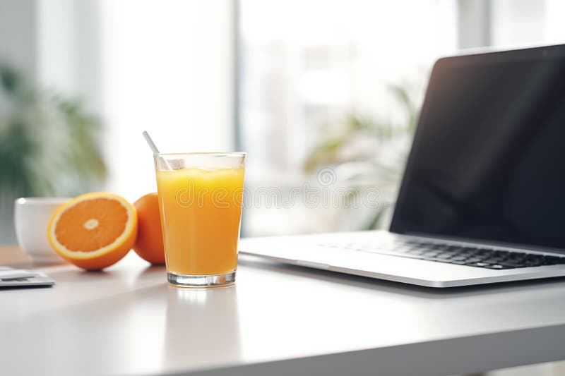 Workplace with Laptop and Glass of Juice on White Table in the Morning ...