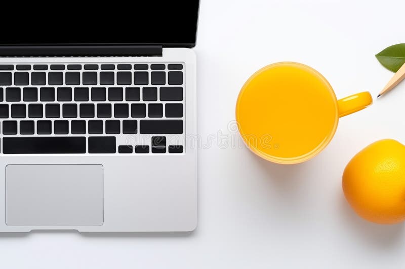 Workplace with Laptop and Glass of Juice on White Table in the Morning ...