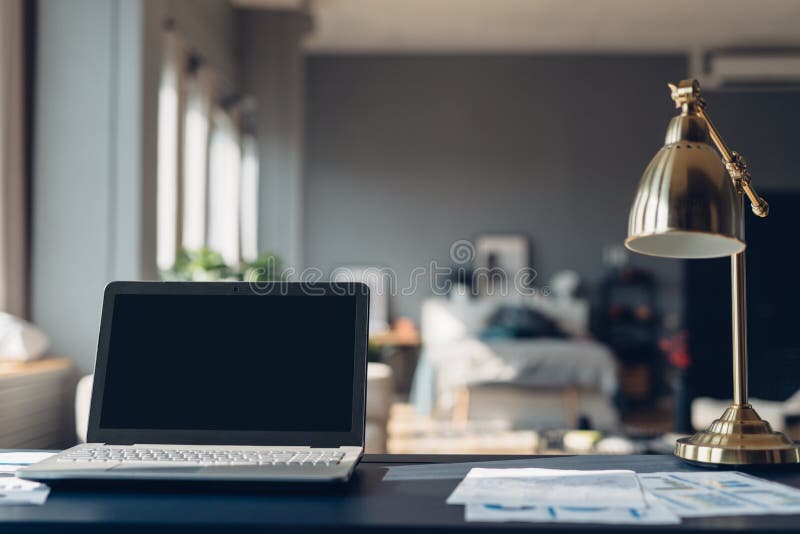 Workplace with Laptop in Home Office Living Room Interior. Stock Photo ...