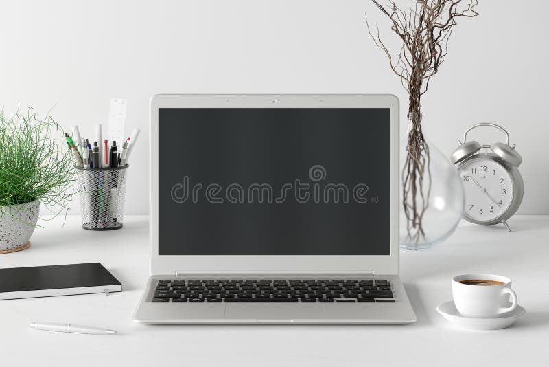 Workplace with Laptop Mock Up Stock Illustration - Illustration of ...