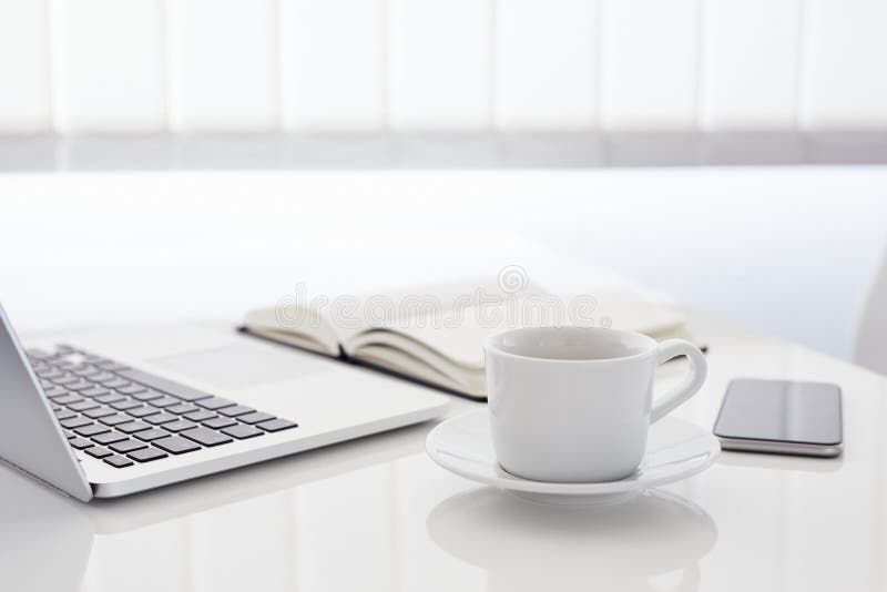 Workplace with Laptop, Phone and Coffee Cup Stock Photo - Image of ...