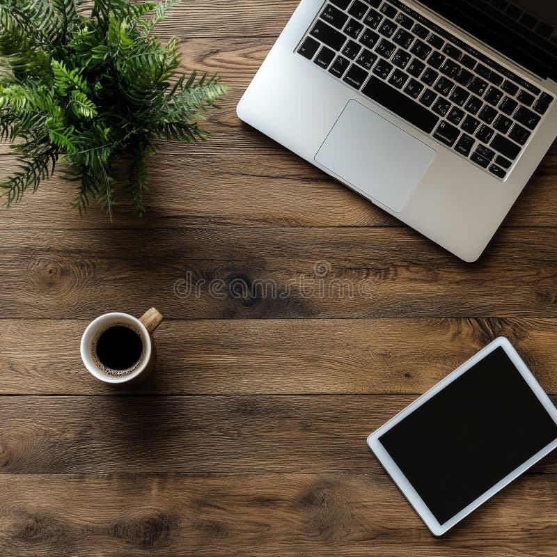 Workplace with Laptop, Tablet and Coffee Cup on Wooden Table. Top View ...
