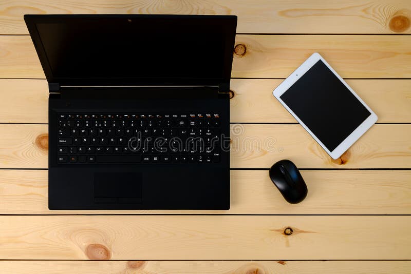 Workplace, Laptop and Tablet Pc on Wooden Table - Top View Stock Photo ...