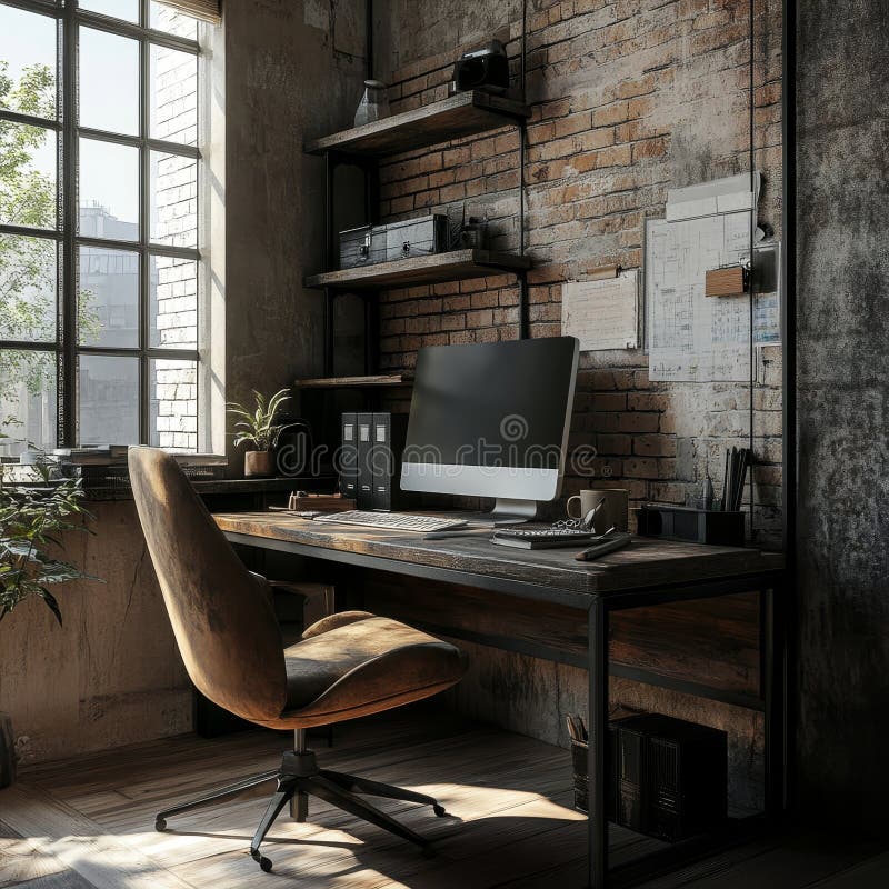 Workplace in Loft Style. Workplace with Computer and Equipment Stock ...