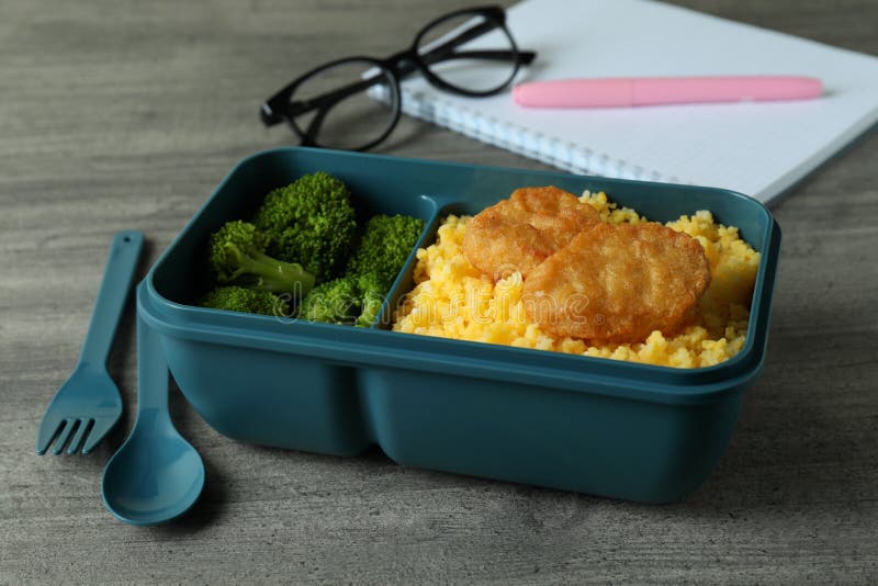 Workplace with Lunch Box on Gray Textured Table Stock Photo - Image of ...