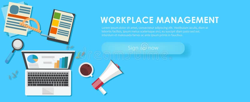 Workplace Management Banner. Work Desk, Laptop, Coffee Stock Vector ...