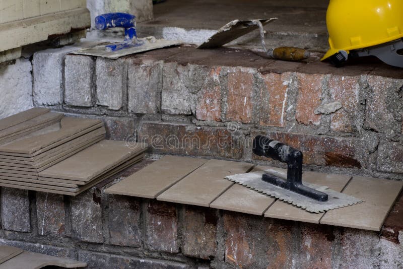 A Workplace for a Master from Laying Tiles. Tools and Accessorie Stock ...